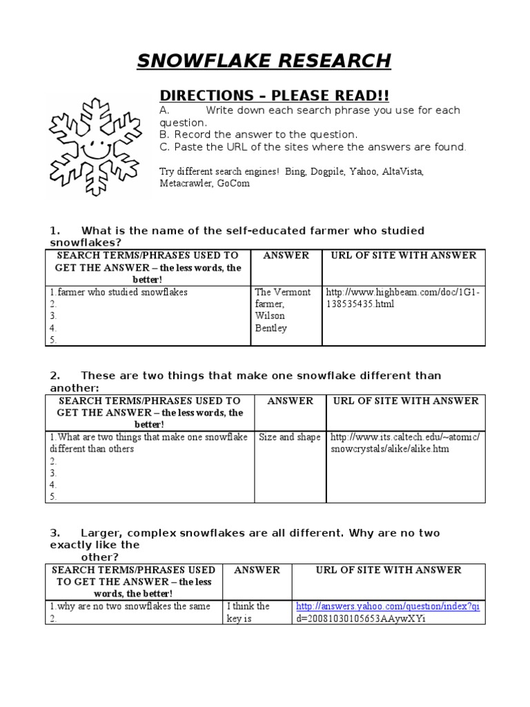 Snowflake Research Sheet | PDF | Forms Of Water | Winter Phenomena