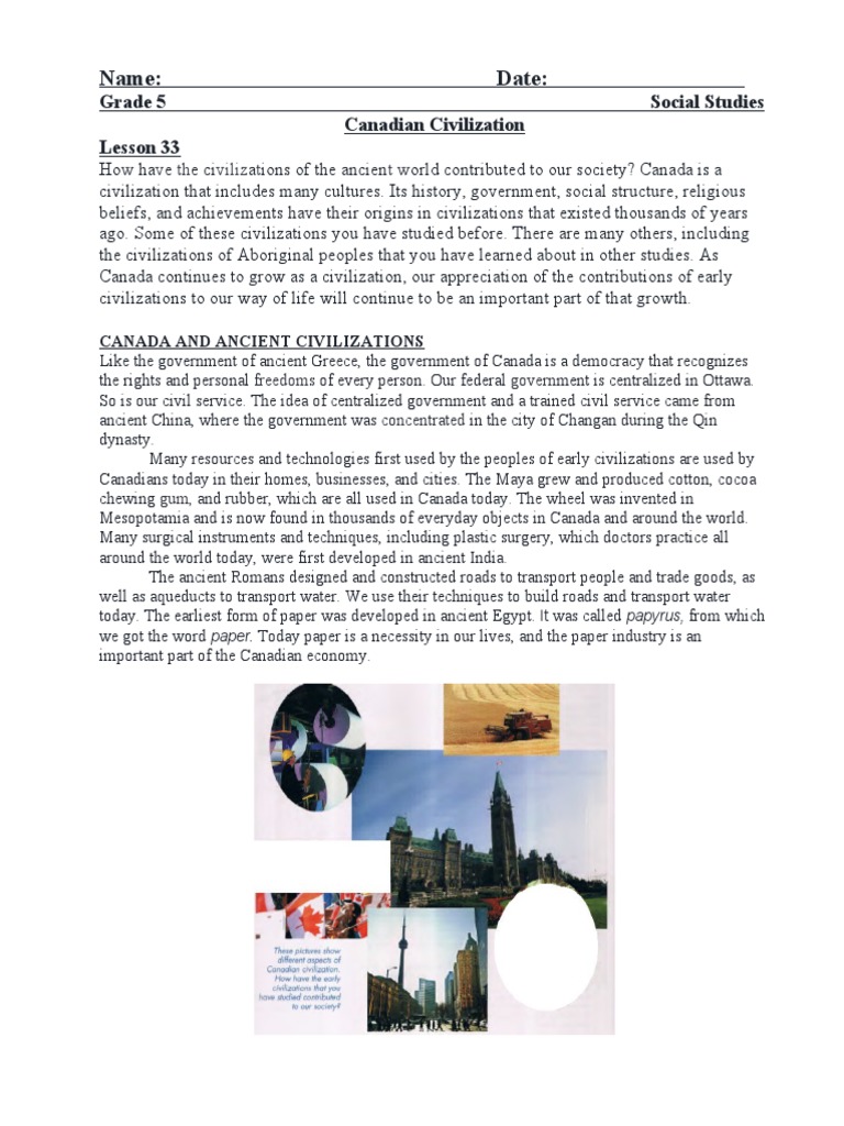 Grade 5 Social Studies Lesson 33 | PDF | Civilization | Canada
