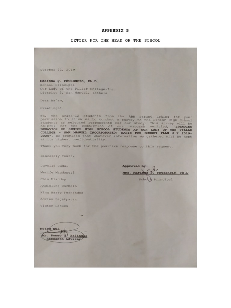Letter For The Head of The School: Appendix B | PDF