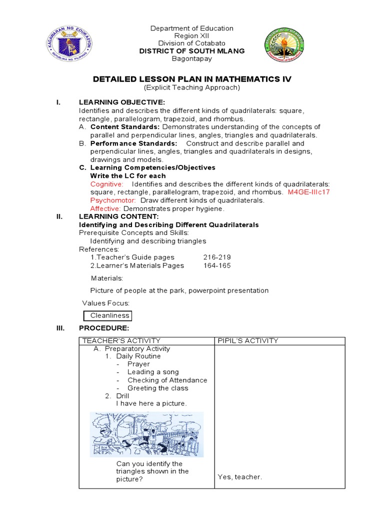 Detailed Lesson Plan In Mathematics Iv 2020 Pdf Rectangle Triangle