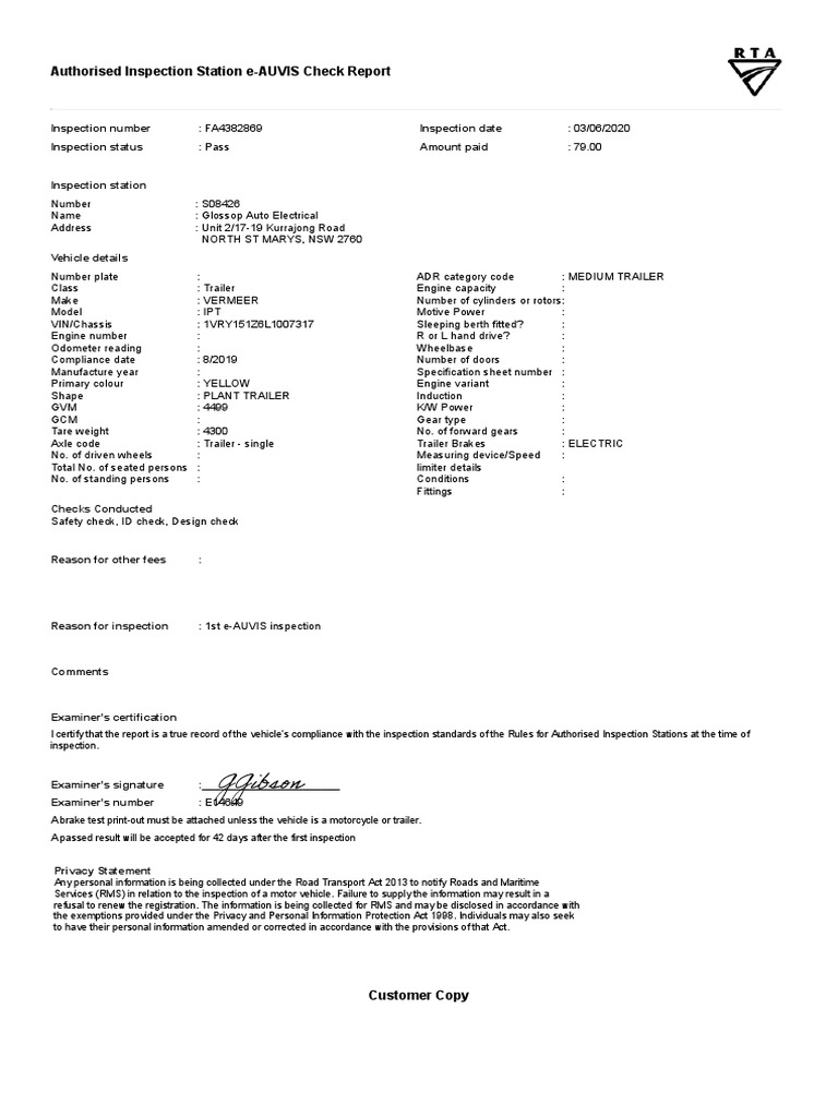 Authorised Inspection Station e-AUVIS Check Report: Inspection Number ...