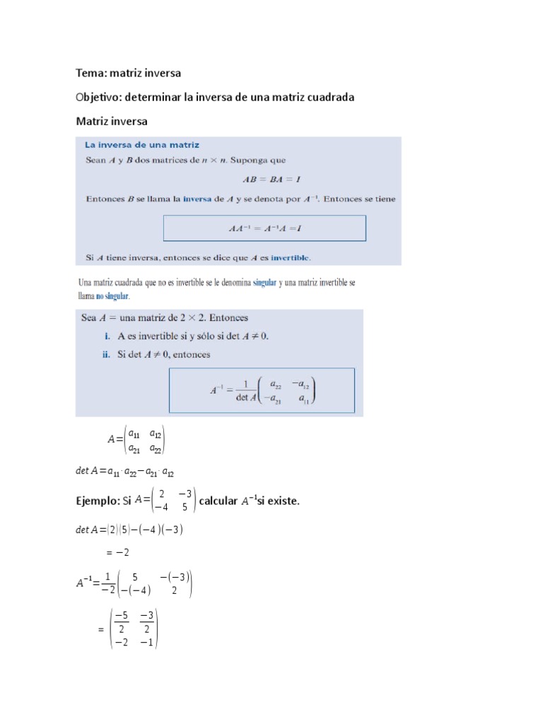 Tema: Matriz Inversa Objetivo: Determinar La Inversa de Una Matriz ...
