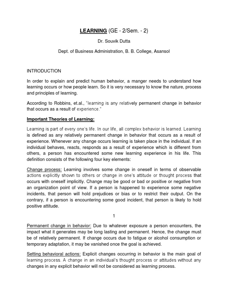 Organizational Behaviour - Learning PDF | Download Free PDF | Classical Conditioning | Reinforcement