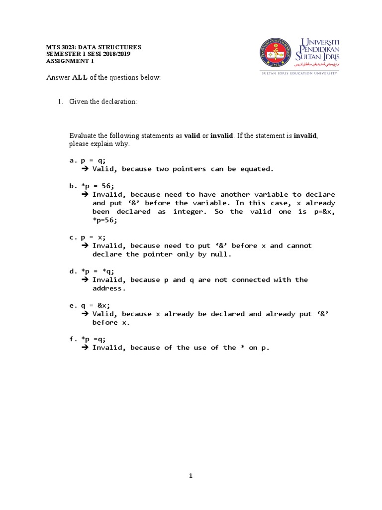 Mts 3023: Data Structures SEMESTER 1 SESI 2018/2019 Assignment 1 | PDF | Pointer (Computer ...