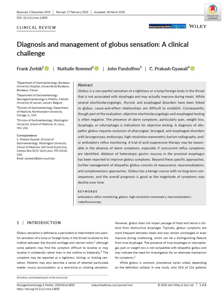 Diagnosis and Management of Globus Sensation - A Clinical Challenge ...