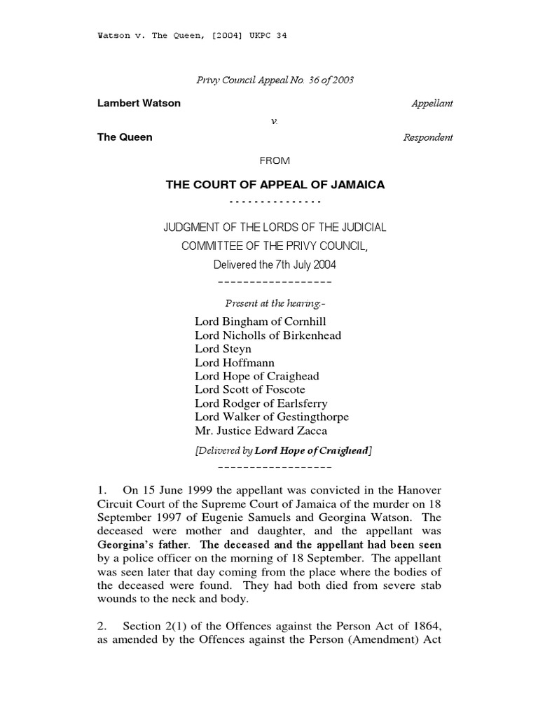 Watson v. The Queen: Death Penalty Appeal | PDF | Capital Punishment ...