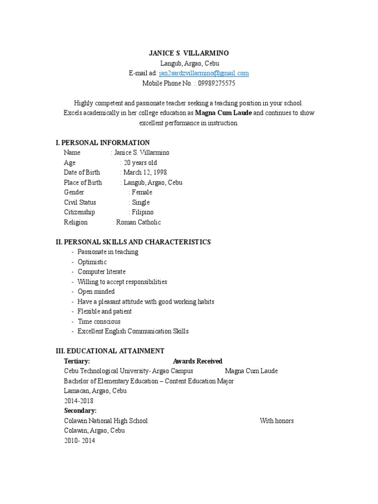 Resume Without Picture | PDF | Teachers | Cognition