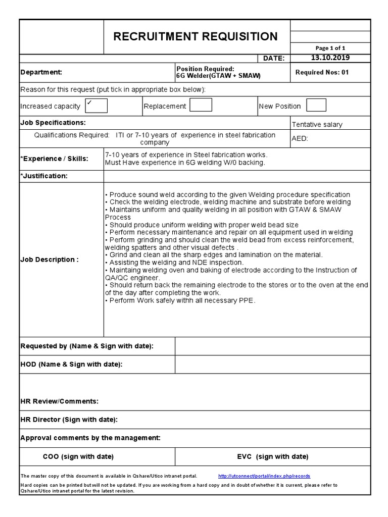 Recruitment Requisition - 6G Welder | PDF | Welding | Construction
