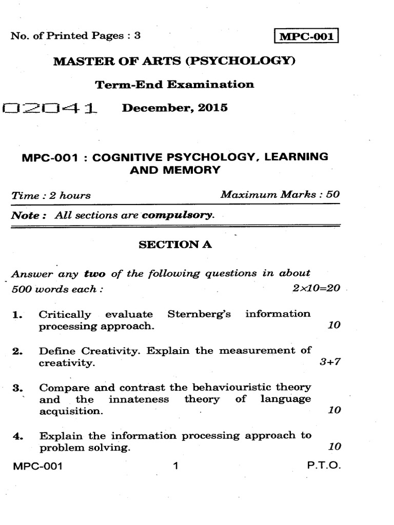 Cognitive Psychology, Learning and Memory: An Examination of Theories ...
