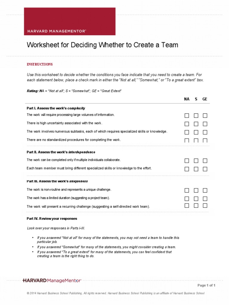 Worksheet For Deciding Whether To Create A Team: Instructions | PDF