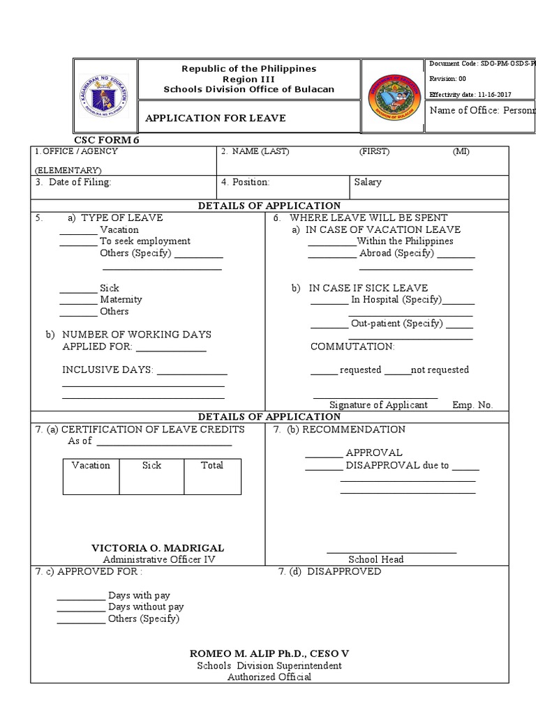 Application For Leave CSC Form 6: Republic of The Philippines Region ...