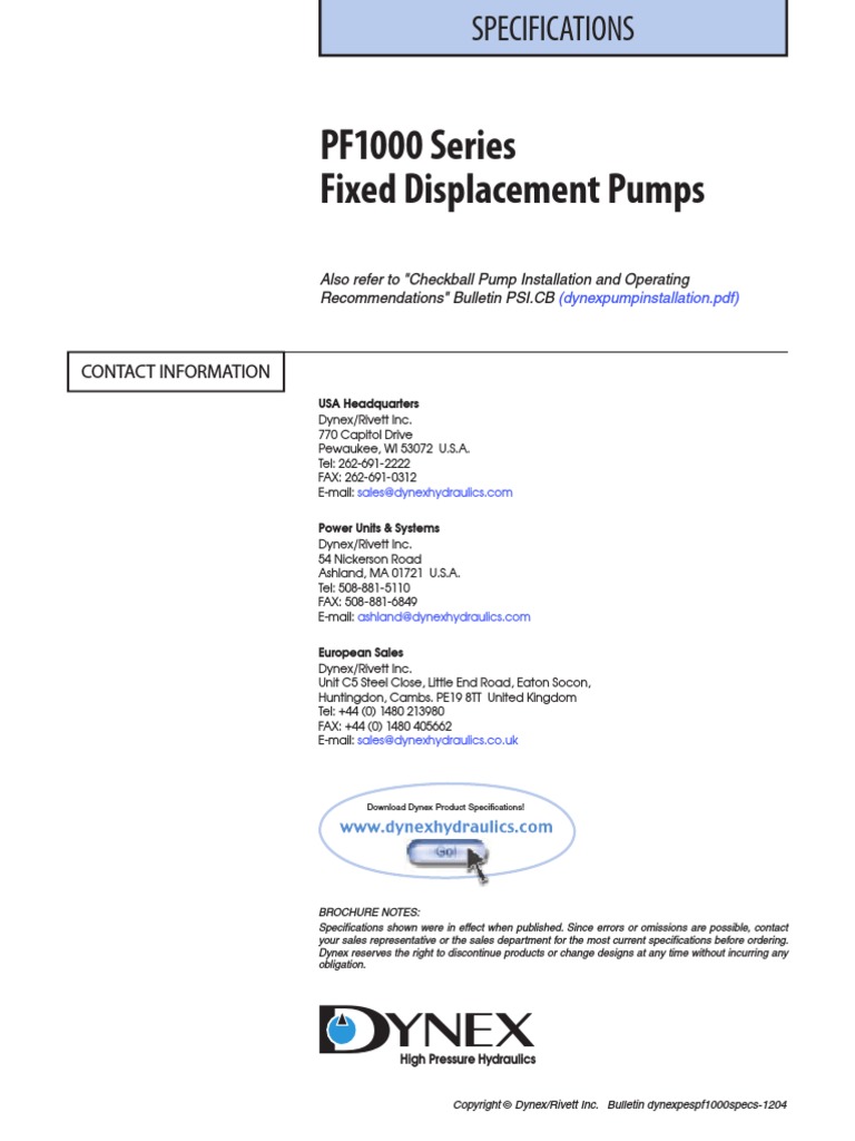 PF1000 Series Fixed Displacement Pumps: Contact Information | PDF ...