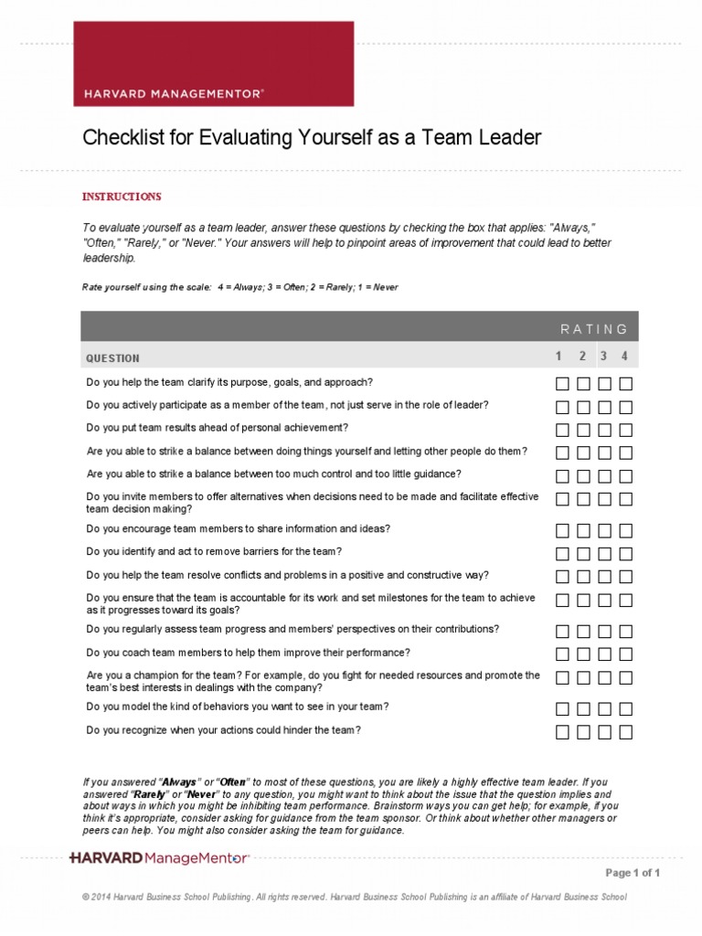 Checklist For Evaluating Yourself As A Team Leader: Instructions | PDF ...