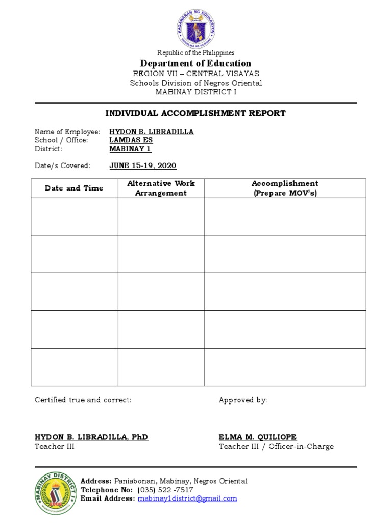 Department of Education: Individual Accomplishment Report | PDF