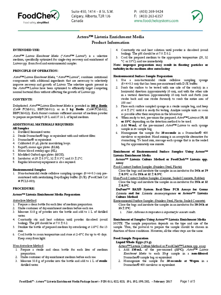 Actero™ Listeria Enrichment Media Product Information | PDF | Agar | Nature