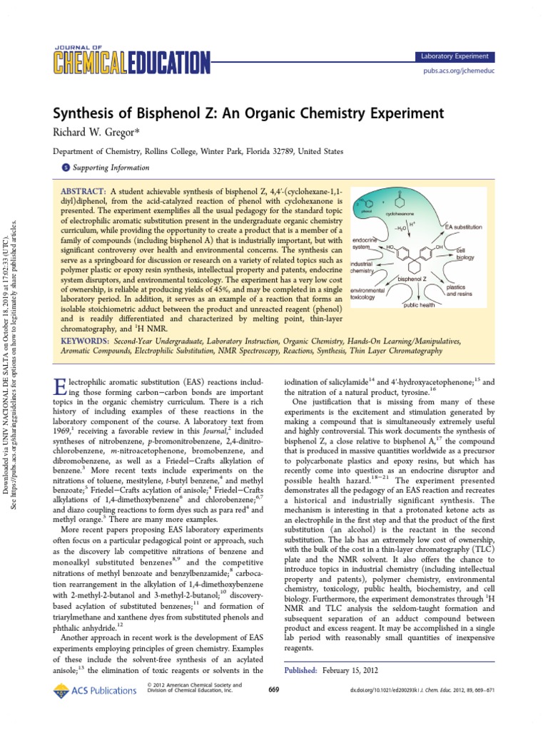 Synthesis of Bisphenol Z: An Organic Chemistry Experiment: Richard W ...