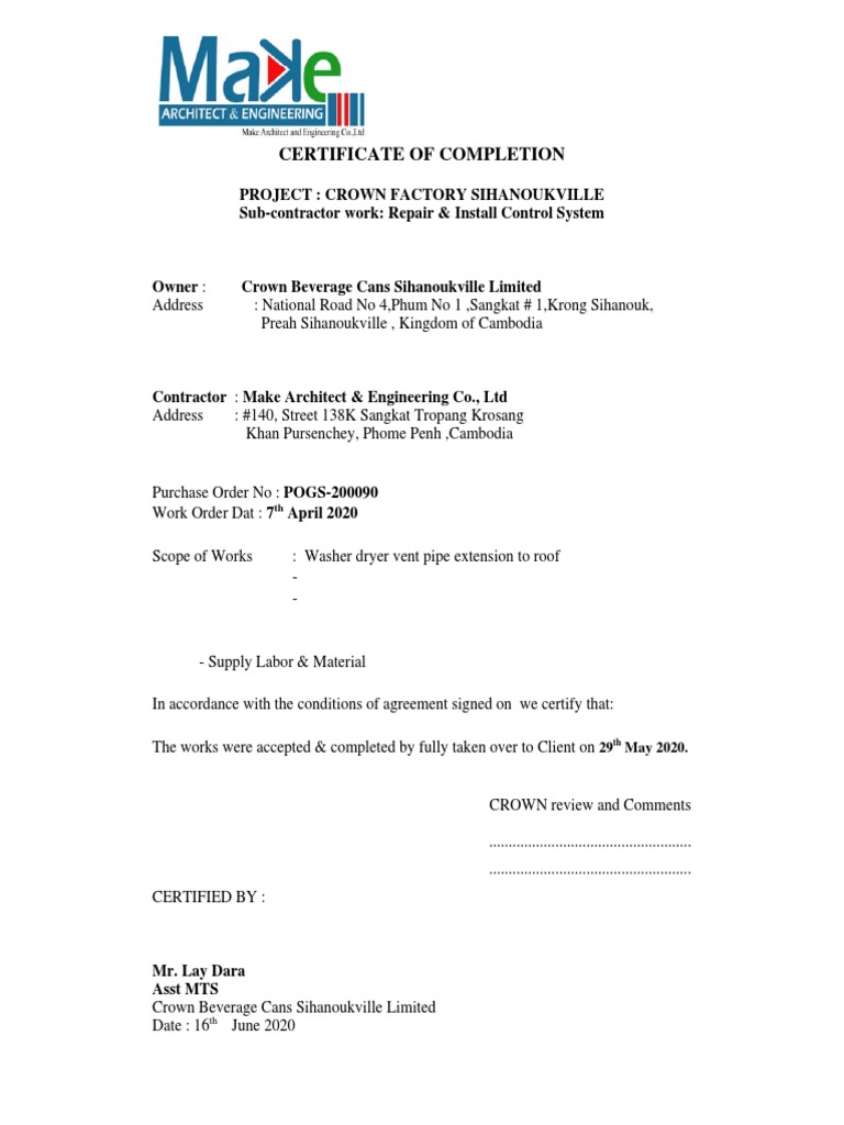 Certificate of Completion for Crown Factory | PDF | Technology ...