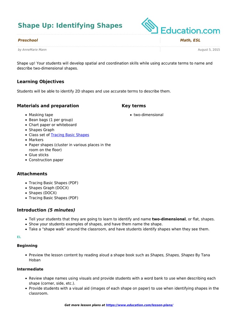 Shape Up: Identifying Shapes: Learning Objectives | PDF | Shape ...