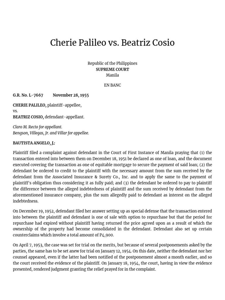 Cherie Palileo vs. Beatriz Cosio PDF | PDF | Mortgage Law | Subrogation