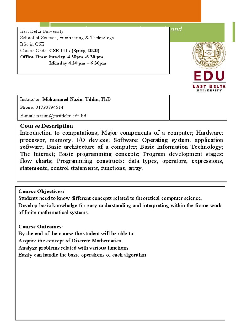 Cse 111 Course Outlines | PDF | Control Flow | Subroutine