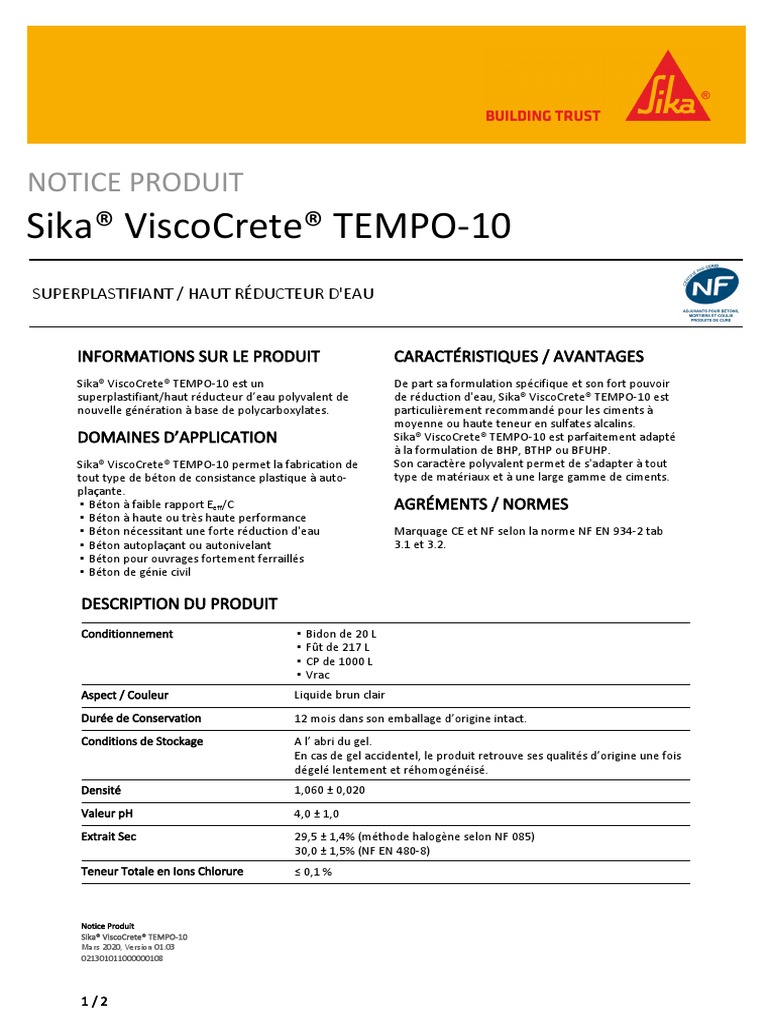 Sika Viscocrete Tempo 10 nt204 | PDF | Béton | Sciences physiques