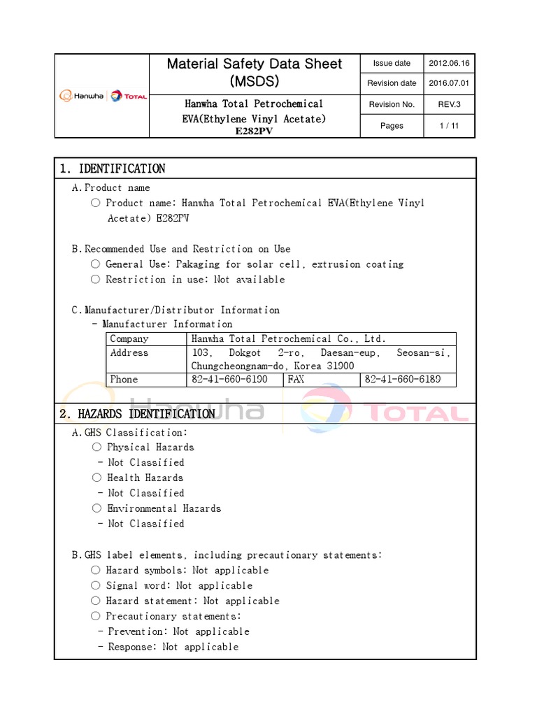 Hanwha EVA MSDS E282PV | PDF | Dangerous Goods | Combustion