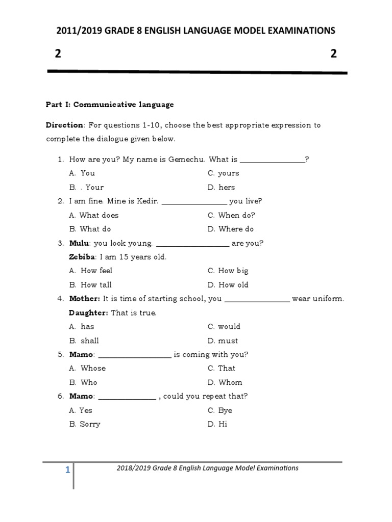 2011/2019 Grade 8 English Language Model Examinations | PDF | Privacy ...