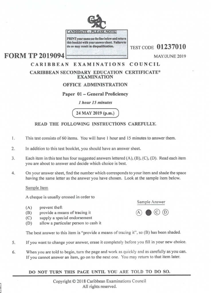 CSEC Office Administration P1 June 2019 | PDF