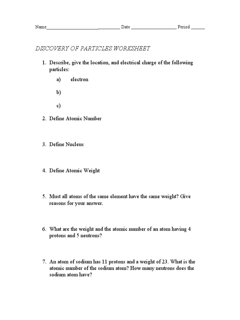 Particle Discovery Worksheet Guide | PDF | Atoms | Proton