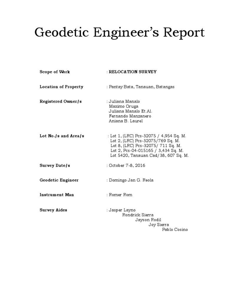 Geodetic Engineer'S Report Lot 2, 5419 & 5420, PANTAY BATA TANAUAN ...