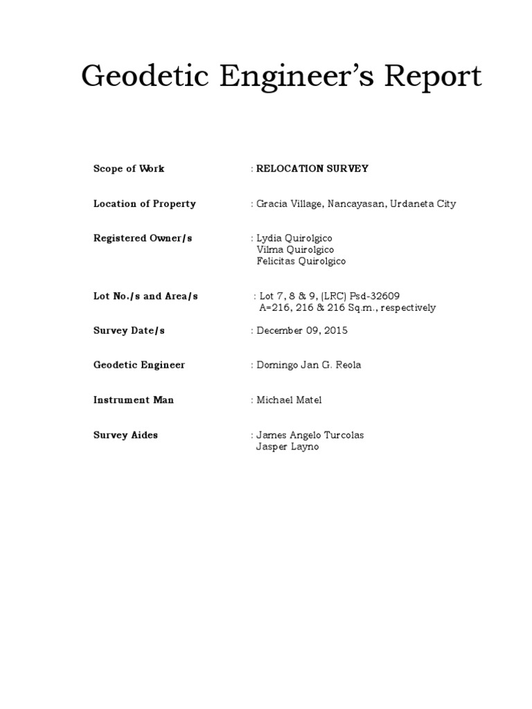 Geodetic Engineer'S Report Lot 7, 8 & 9, Psd-32609 Urdaneta | PDF ...