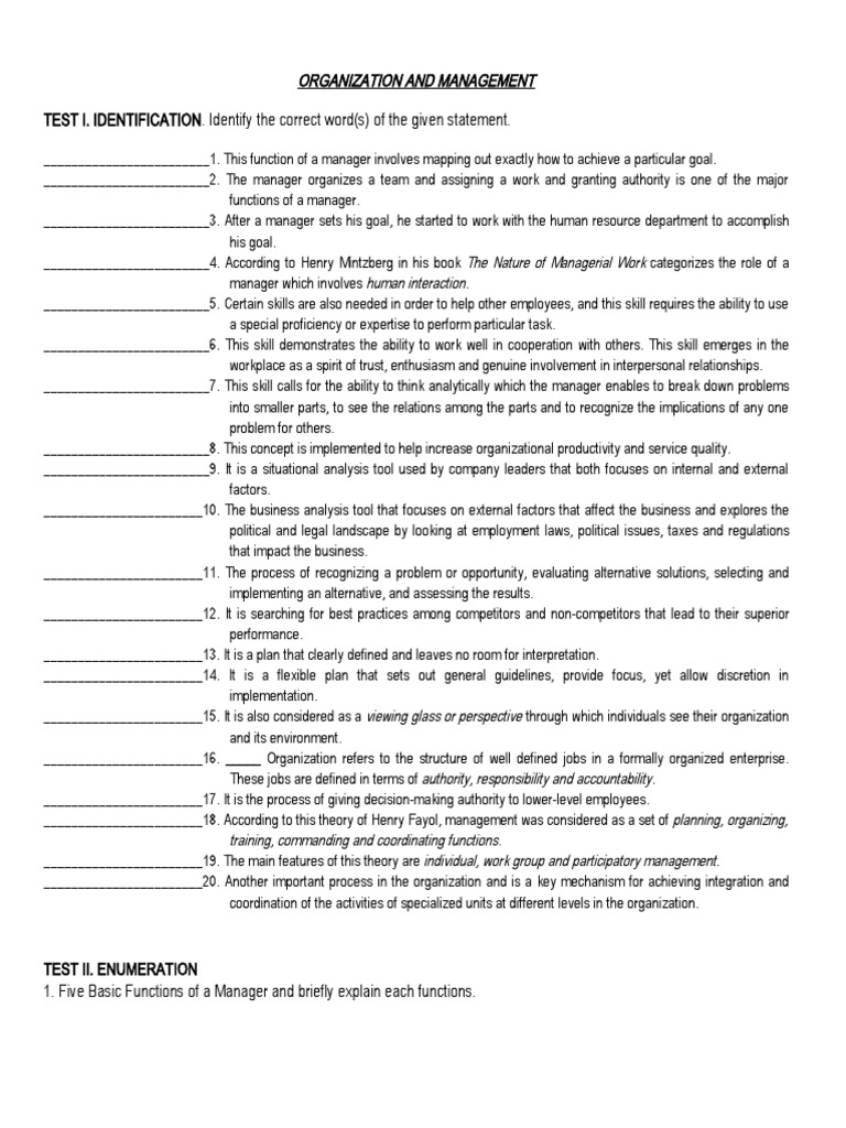 Grade 11 Organization & Management Exam | PDF | Employment | Leadership