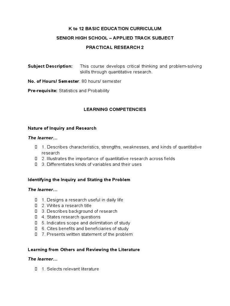 Practical Research 2 Curriculum Overview | PDF | Quantitative Research ...