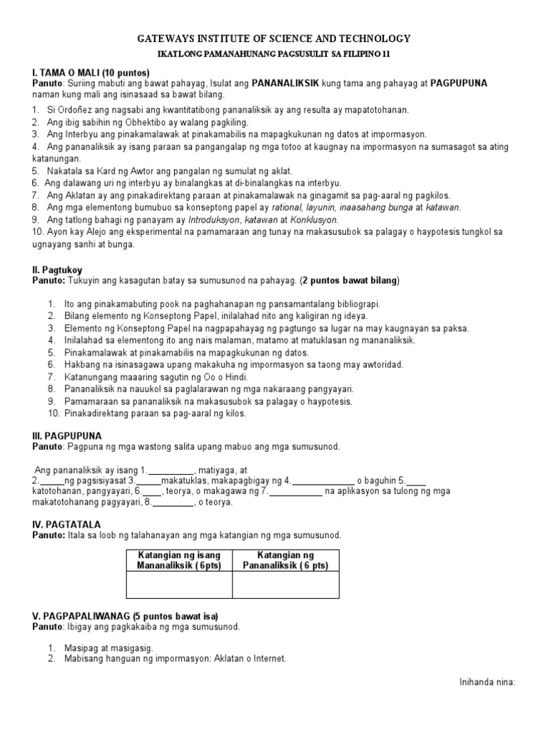 Exam Sa Pagbasa at Pagsulat 11 | PDF