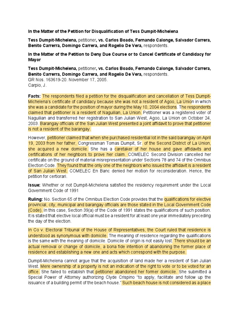 Disqualification Petition Against Tess Dumpit | PDF | Domicile (Law ...