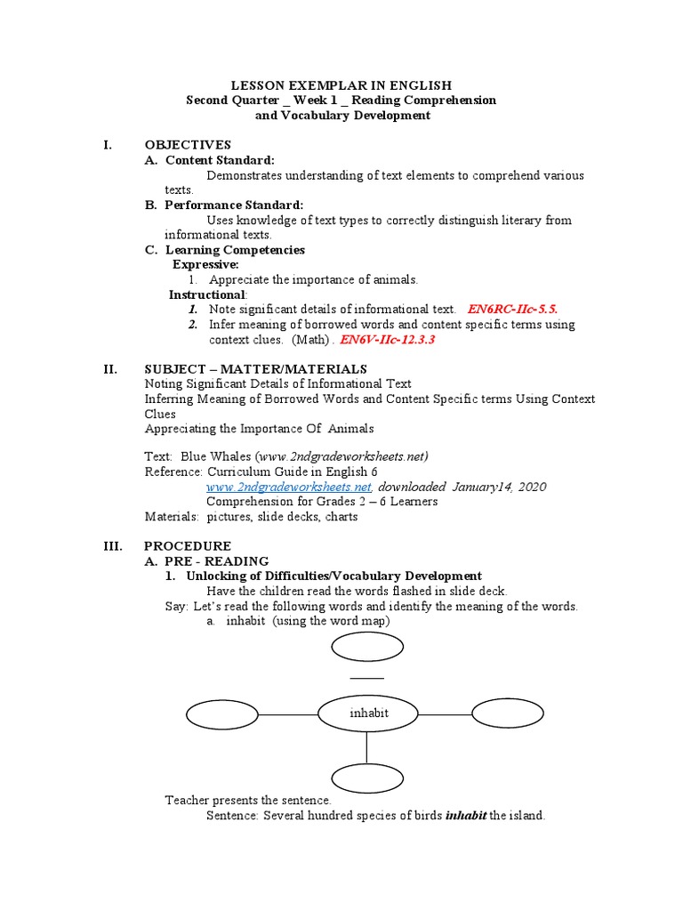 Lesson Exemplar in English Quarter 2 Week 1 Reading Comprehension and ...