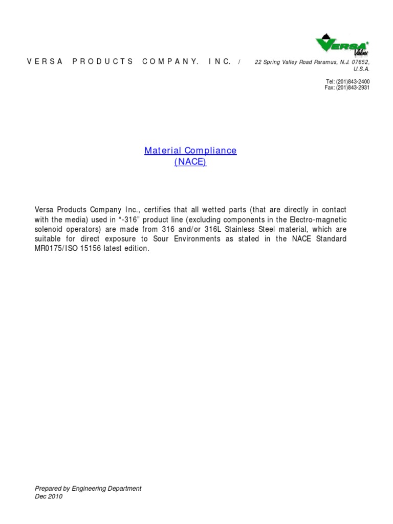 Material Compliance (NACE) : Versa Products Company. Inc | PDF