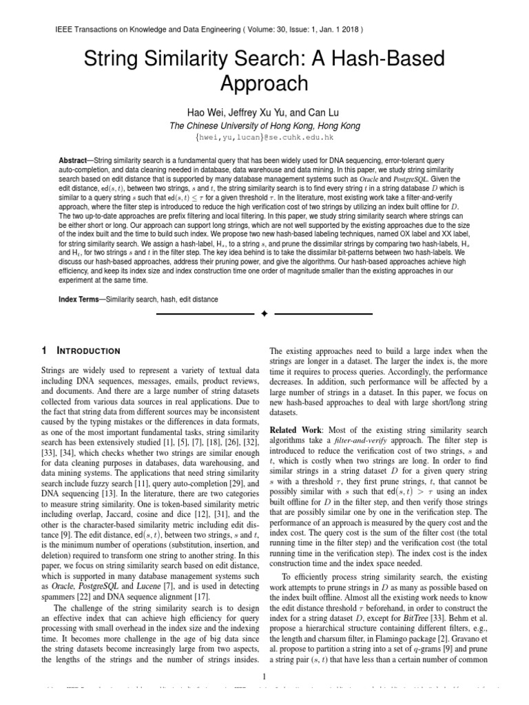 String Similarity Search: A Hash-Based Approach: Hao Wei, Jeffrey Xu Yu, and Can Lu | PDF ...