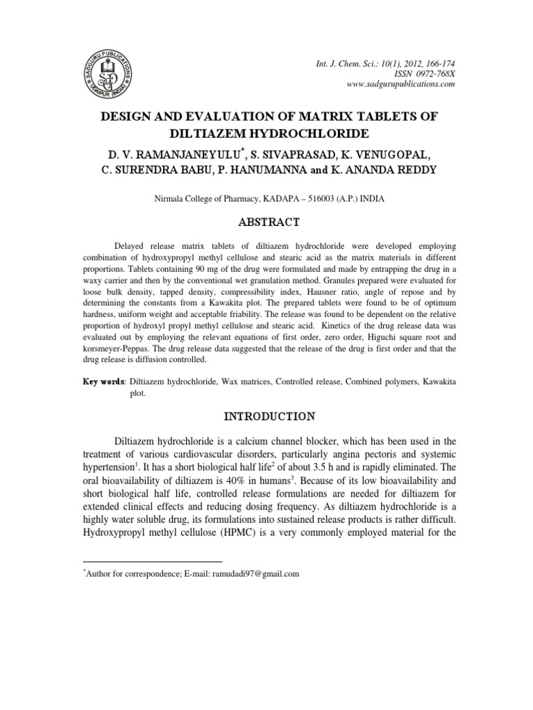 Design and Evaluation of Matrix Tablets of Diltiazem Hydrochloride ...