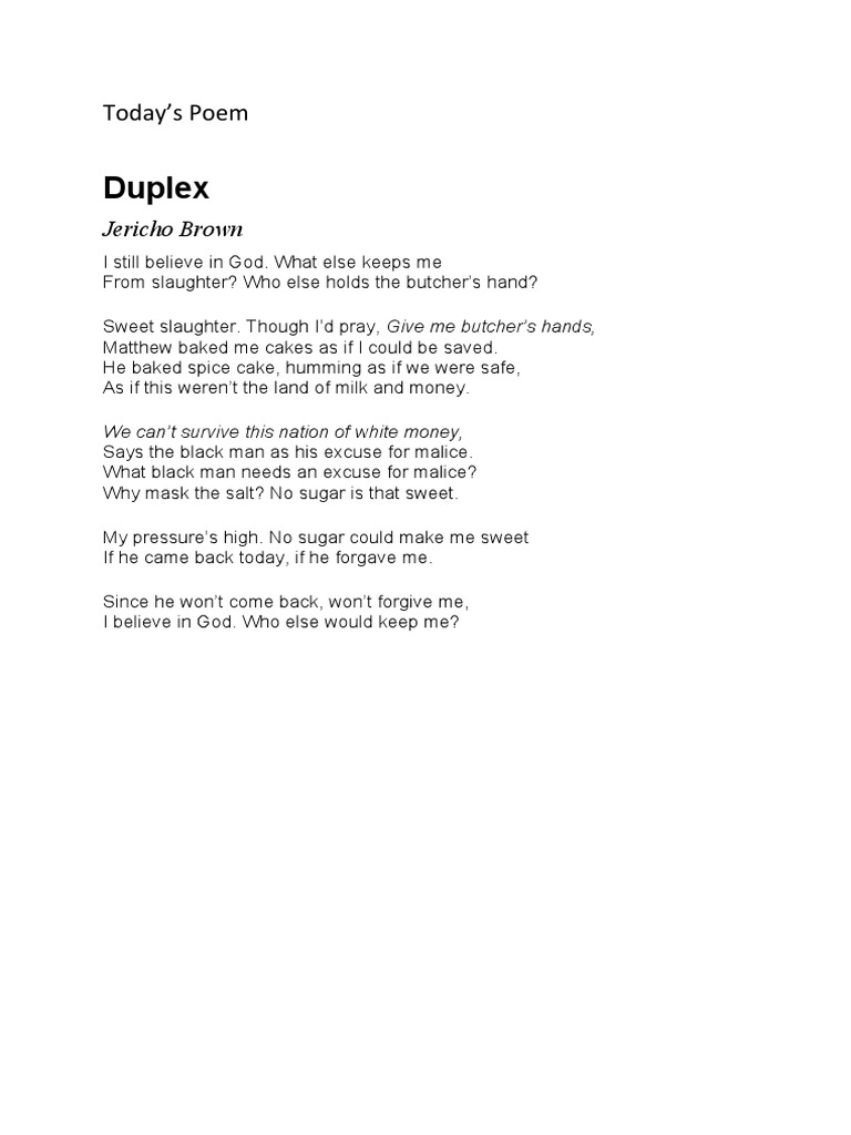 "Duplex: A Poem by Jericho Brown" | PDF
