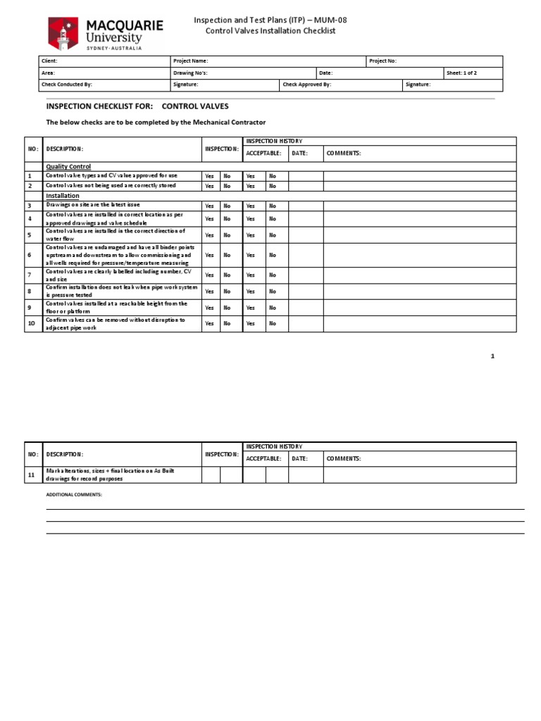 Inspection Checklist For: Control Valves | PDF | Valve | Pipe (Fluid ...