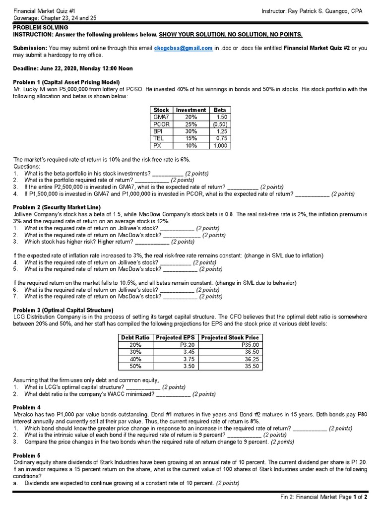 Financial Market Quiz: CAPM & SML | PDF | Bonds (Finance) | Beta (Finance)