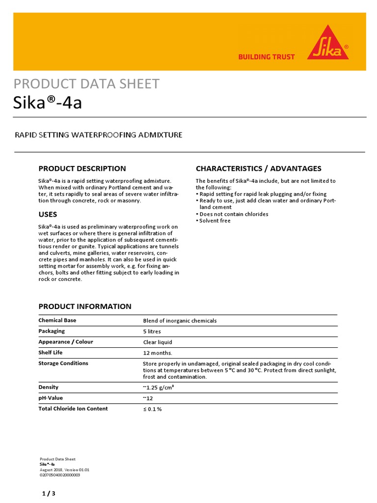 Sika®-4a: Product Data Sheet | PDF | Concrete | Cement