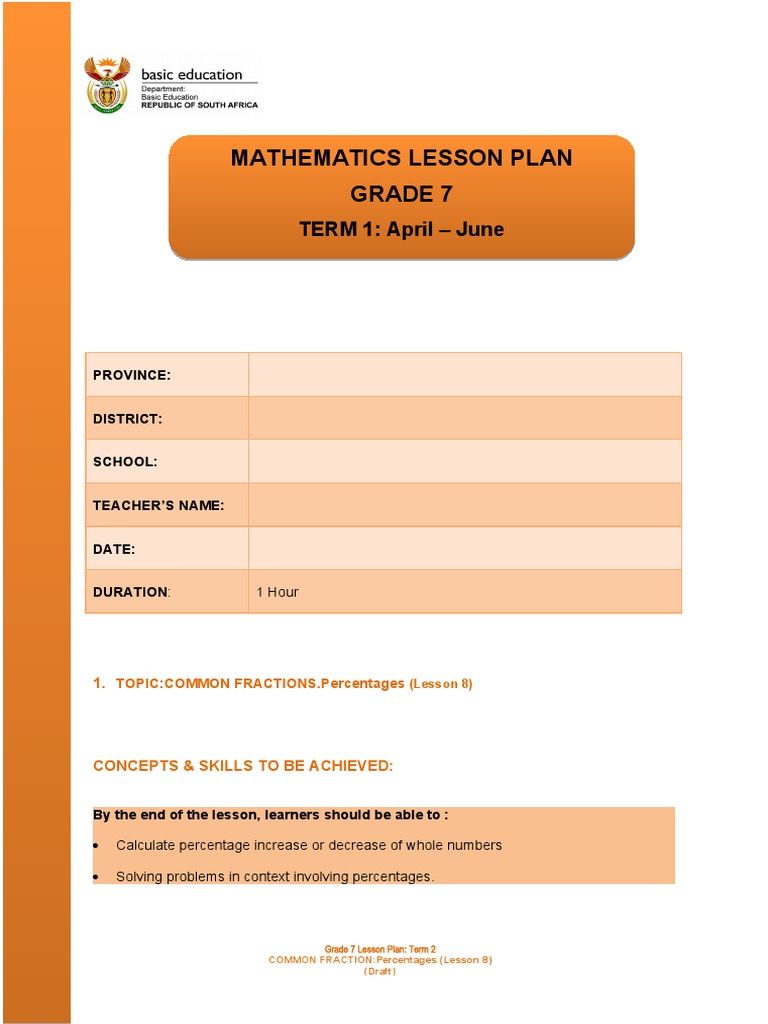 Grade 7 Percentages Lesson Plan | PDF | Percentage | Lesson Plan