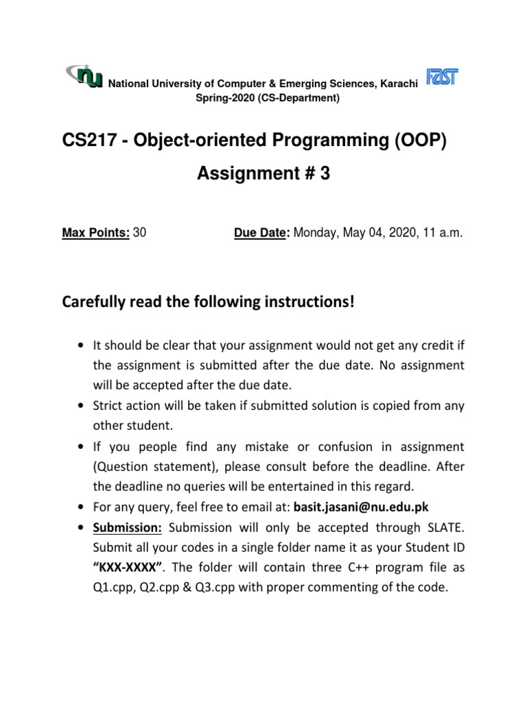 CS217 - Object-Oriented Programming (OOP) Assignment # 3: Carefully Read The Following ...