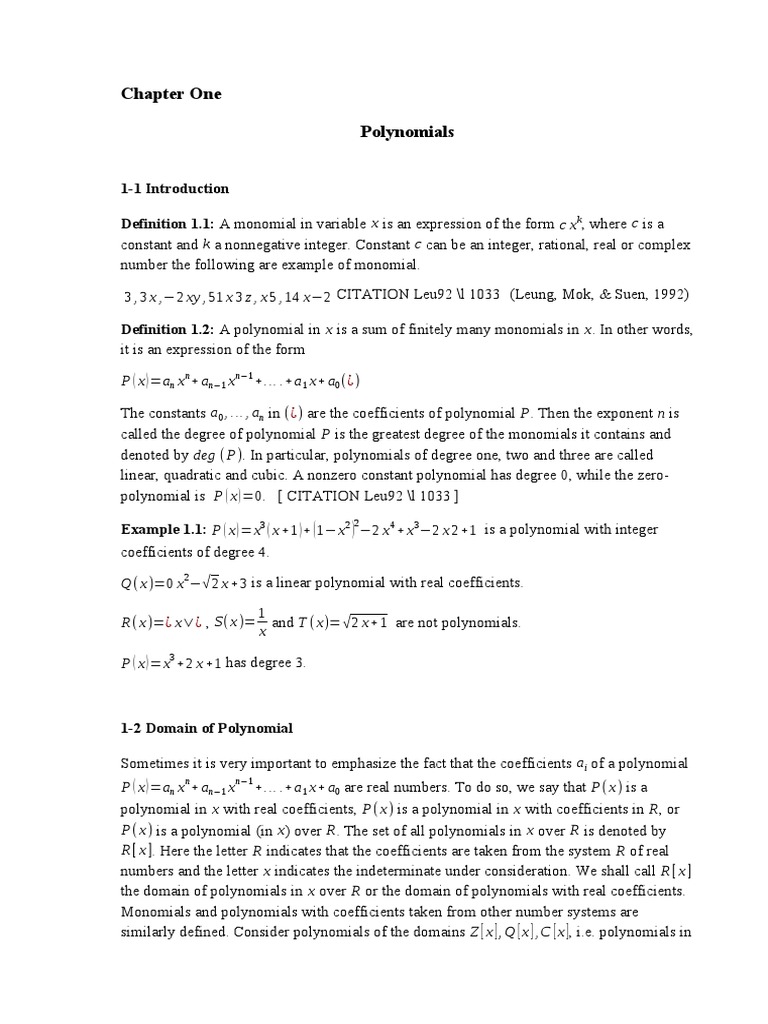 Chapter One Polynomials: 1-1 Introduction Definition 1.1: A Monomial in ...