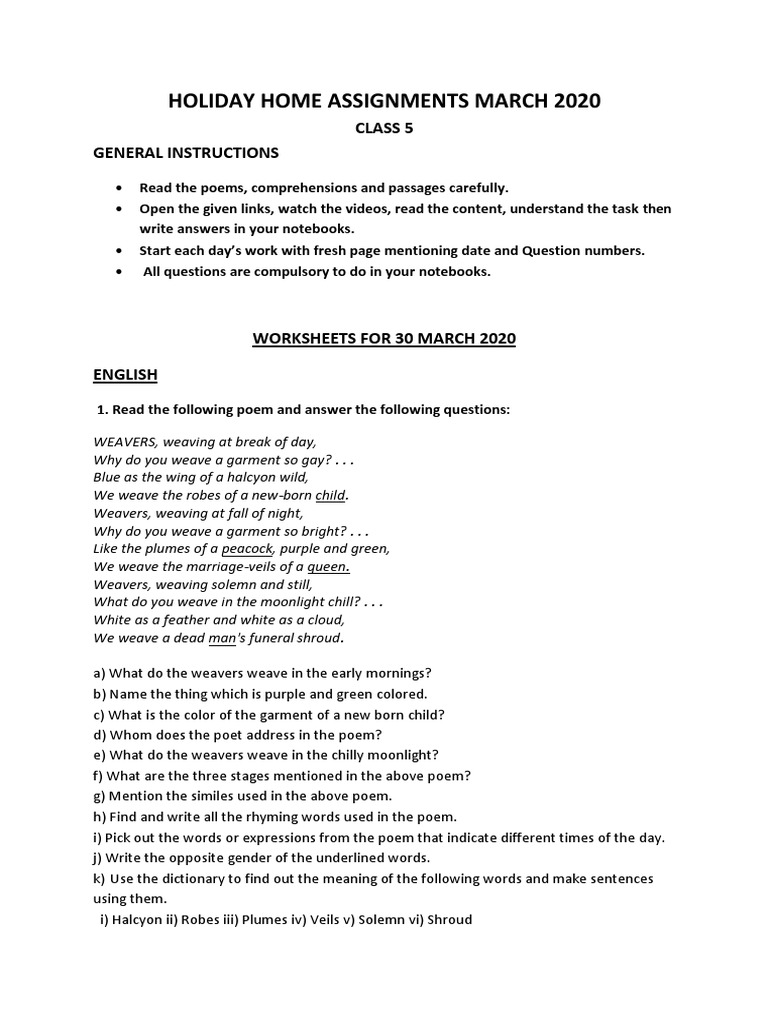 Holiday Home Assignments March 2020: Class 5 General Instructions | PDF ...