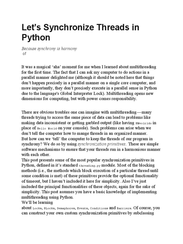 Lets Synchronize Threads in Python | PDF | Thread (Computing ... Lets Synchronize Threads in Python | PDF | Thread (Computing ...