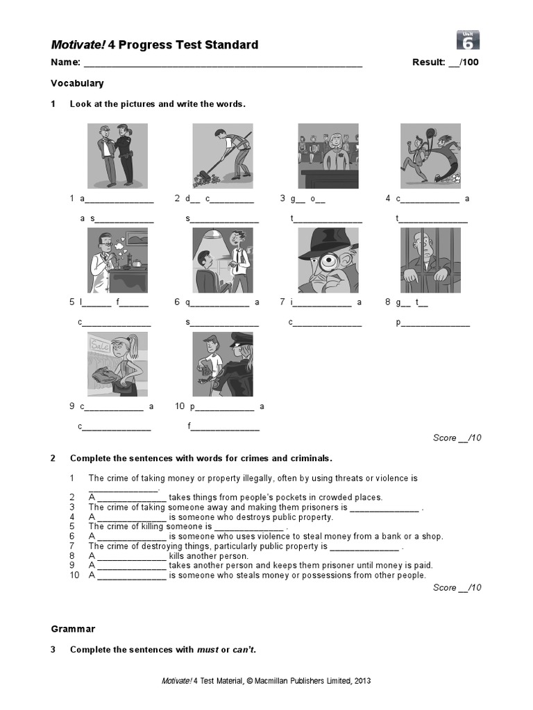 Motivate! 4 Progress Test Standard: Name: - Result: - /100 Vocabulary ...