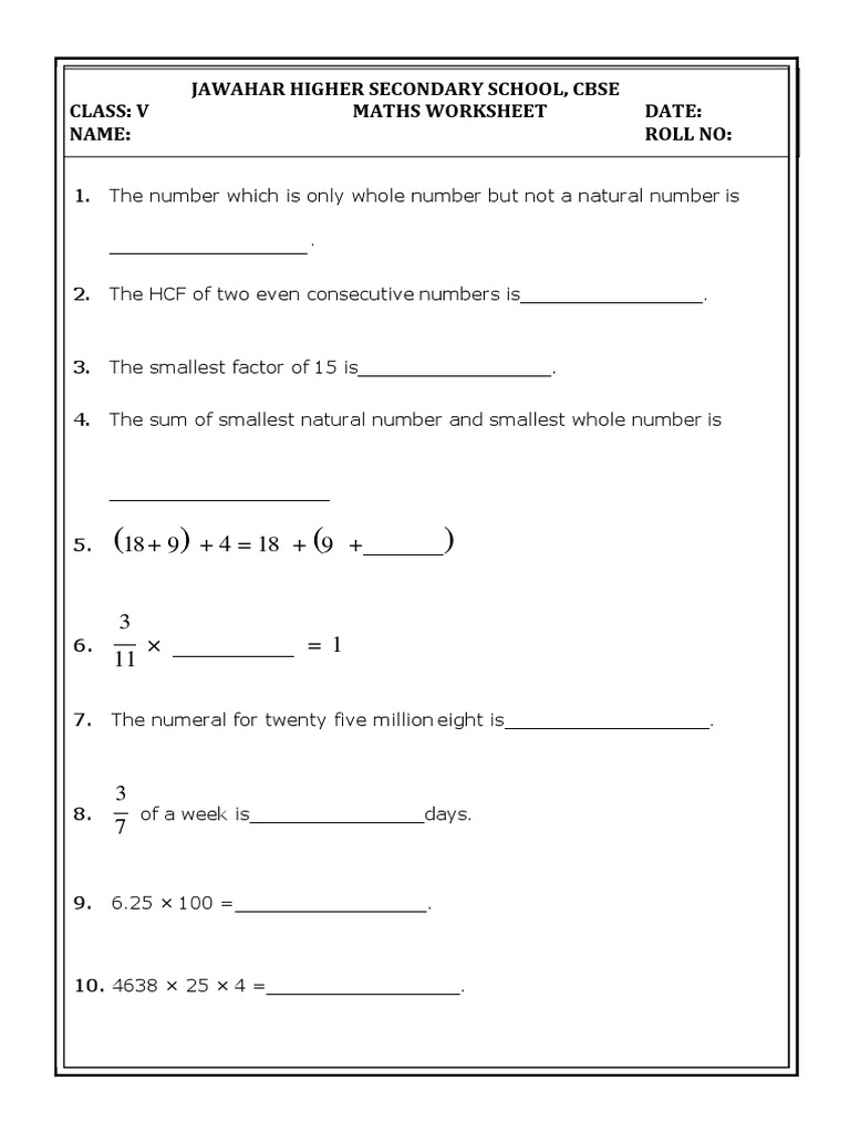 Class V Maths Worksheet for CBSE | PDF